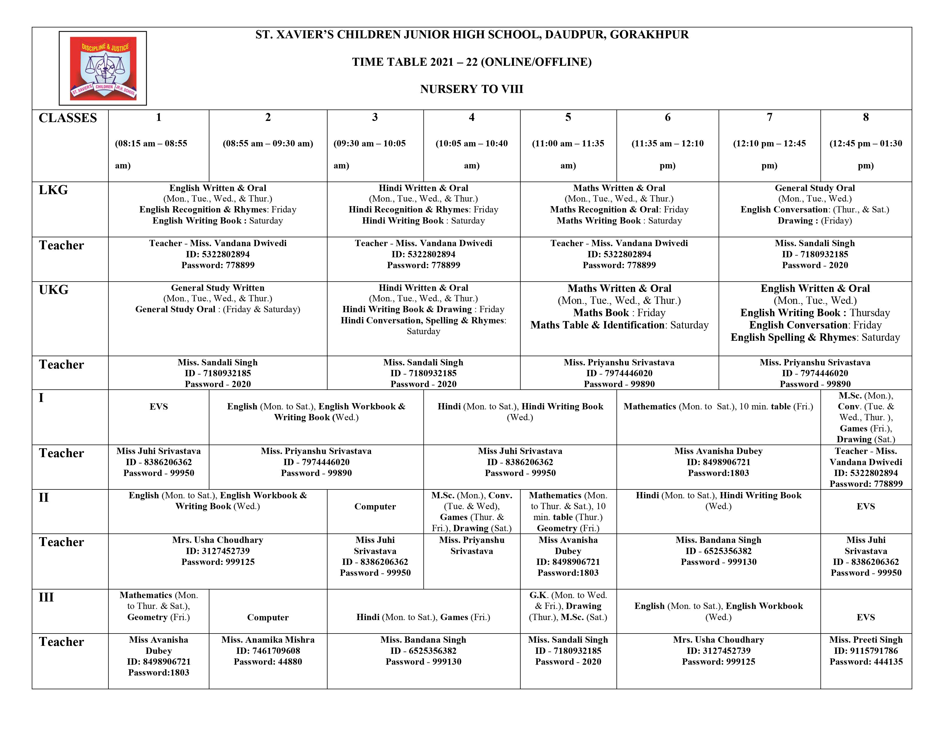 Zoom Class Schedule | St. Xavier's Children Junior High School